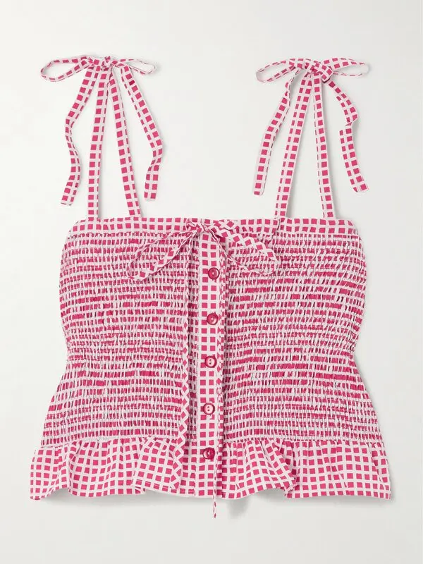 Loretta Caponi Shirred Checked Cotton-poplin Top