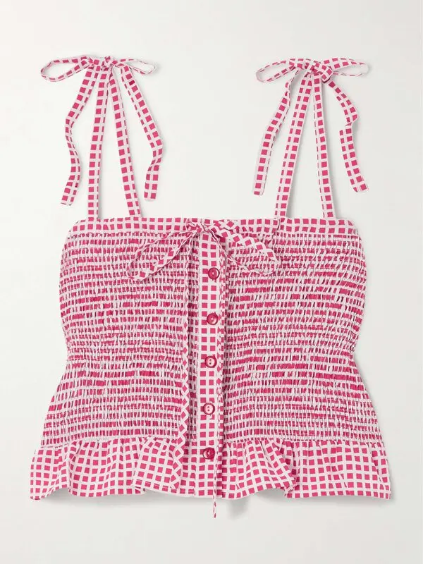 Loretta Caponi Shirred Checked Cotton-poplin Top