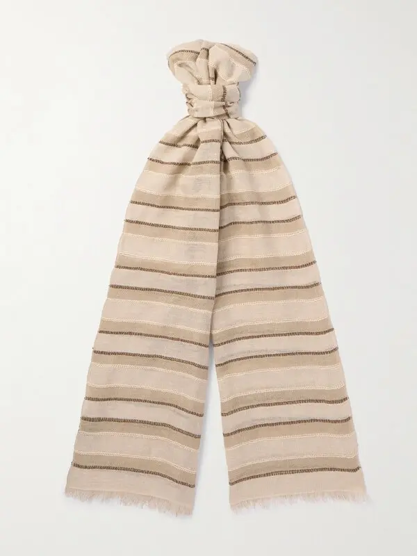 Loro Piana Nakaumi Frayed Striped Silk, Linen And Cotton-blend Scarf - Neutrals