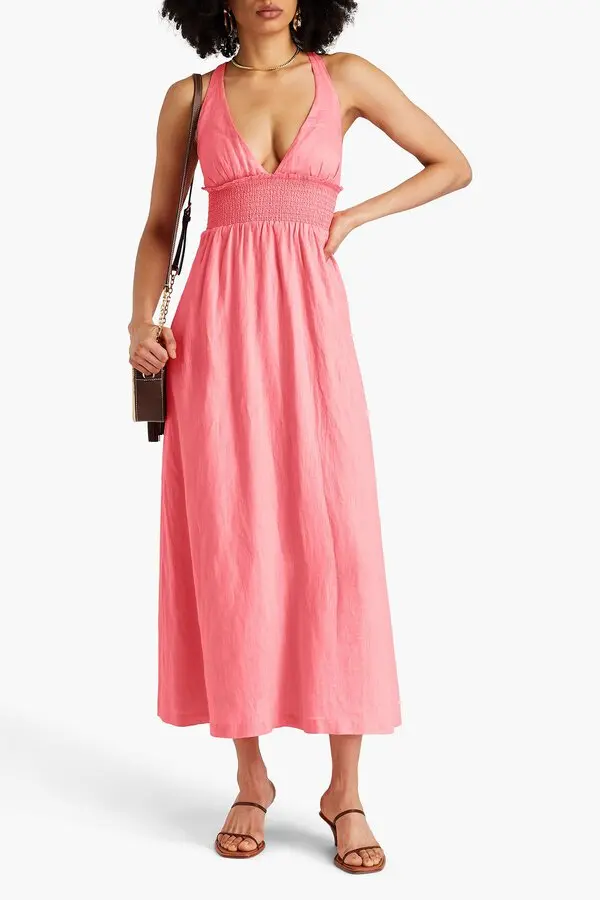 Heidi Klein Lake Garda Smocked Linen Maxi Dress
