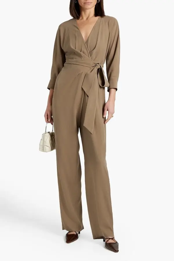 Max Mara Wrap-effect Belted Silk Jumpsuit - Taupe