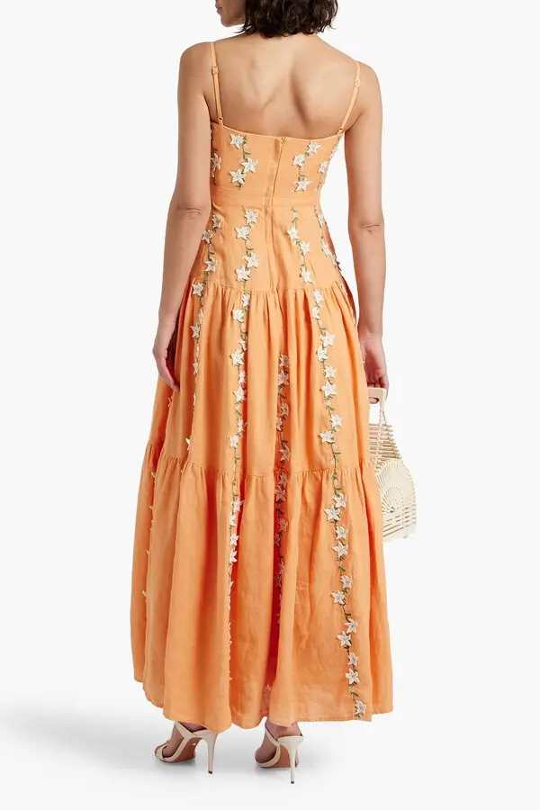 Agua Bendita Lima Sabanero Dorado Tiered Embellished Linen Maxi Dress In  Pastel Orange - 60% Off | Editorialist