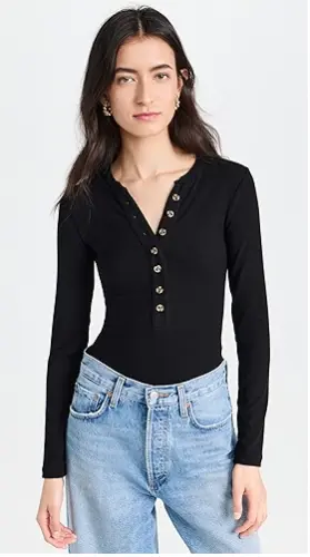 Ambitionist Button-up Ribbed Henley Thong Bodysuit