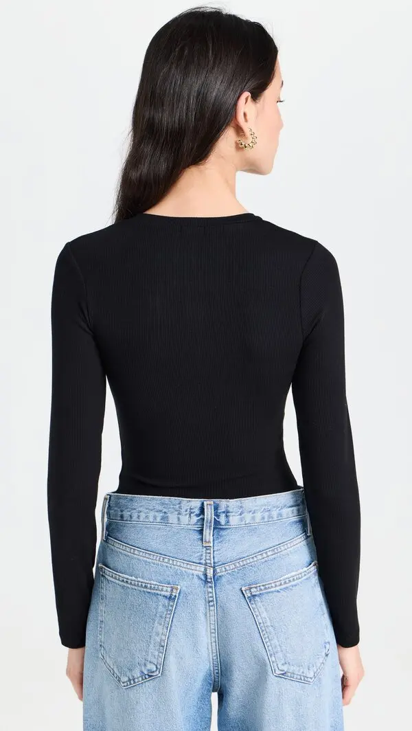 Ambitionist Button-up Ribbed Henley Thong Bodysuit