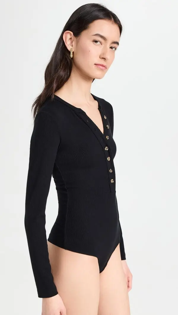 Ambitionist Button-up Ribbed Henley Thong Bodysuit