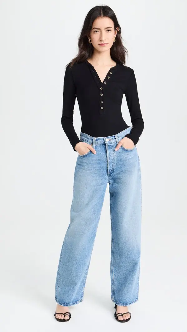 Ambitionist Button-up Ribbed Henley Thong Bodysuit