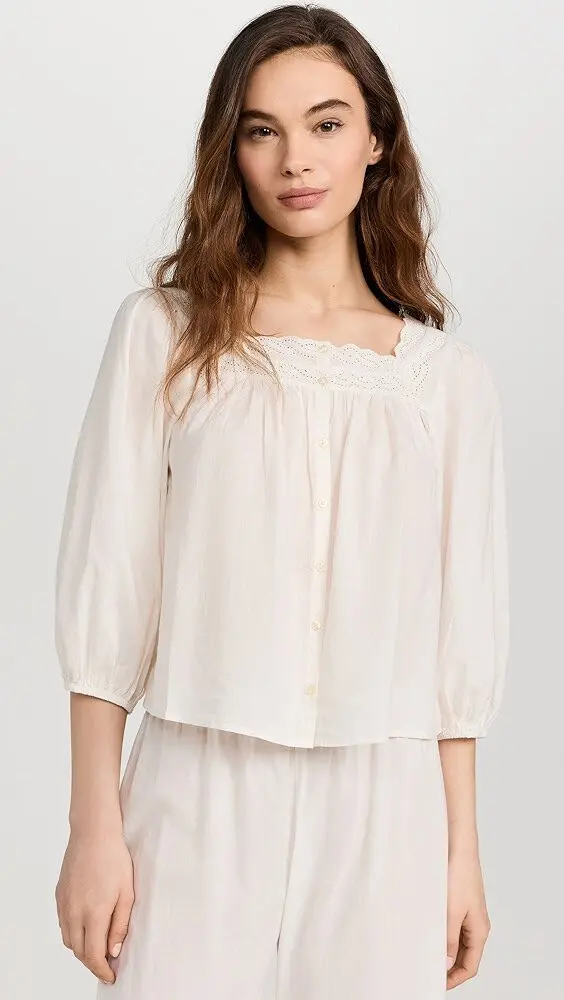 The Great. The Eyelet Button Sleep Top - True White