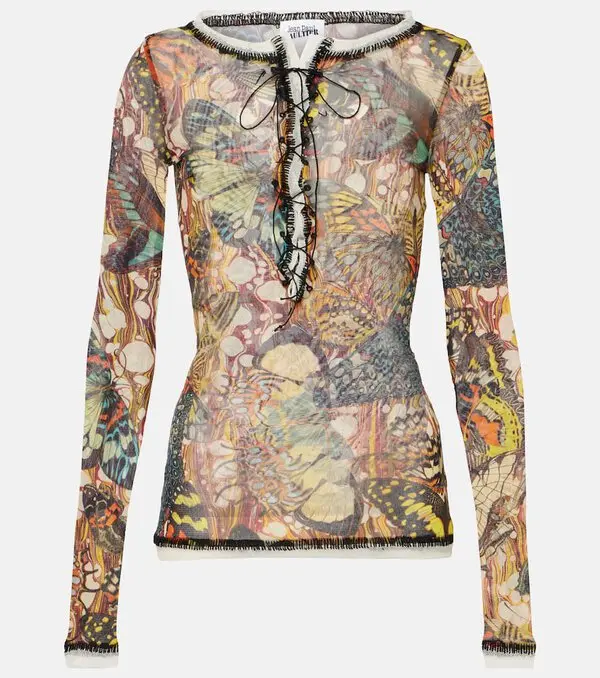 JEAN PAUL GAULTIER Printed Lace-trimmed Mesh Top