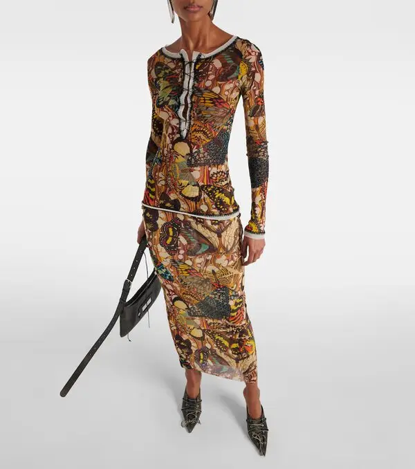 JEAN PAUL GAULTIER Printed Lace-trimmed Mesh Top