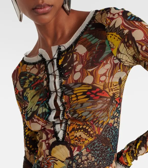 JEAN PAUL GAULTIER Printed Lace-trimmed Mesh Top
