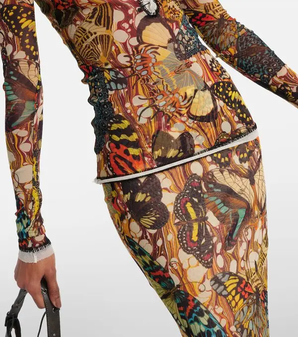 JEAN PAUL GAULTIER Printed Lace-trimmed Mesh Top