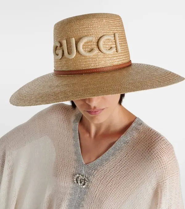 Gucci Logo Leather-Trimmed Straw Sunhat Neutrals Editorialist