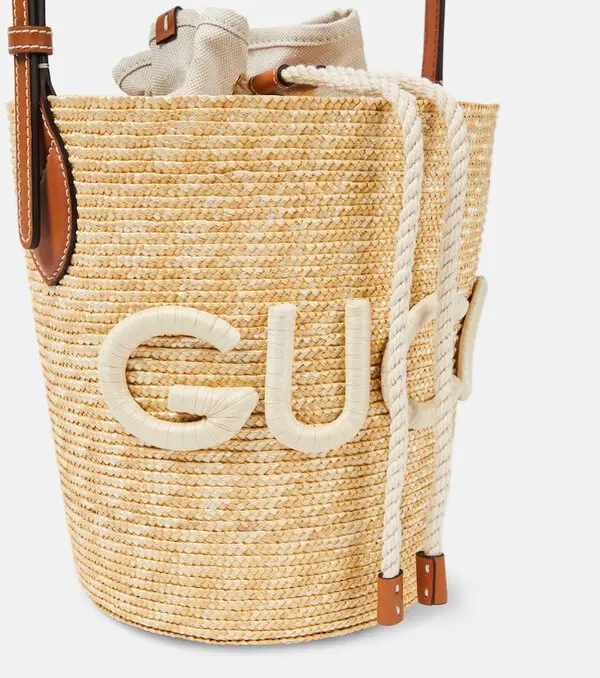 Gucci Small Leather-trimmed Raffia Bucket Bag