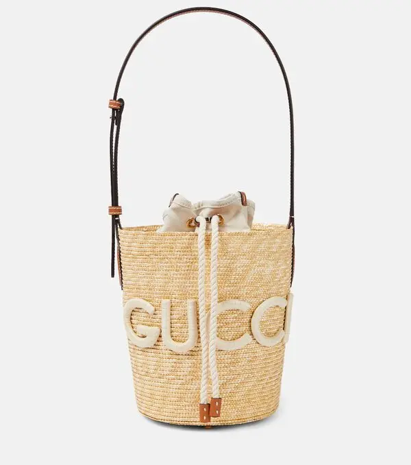 Gucci Small Leather-trimmed Raffia Bucket Bag