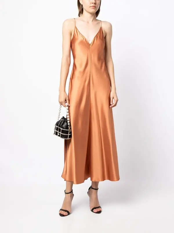 Voz Satin-finish V-neck Dress - Brown