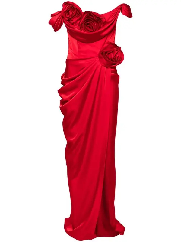 ANA RADU Floral-appliqué Draped Gown - Red