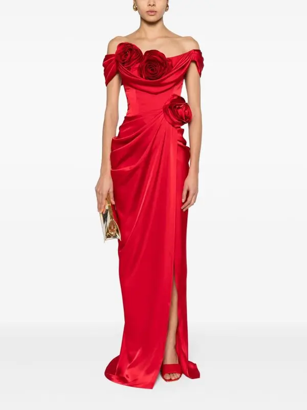 ANA RADU Floral-appliqué Draped Gown - Red