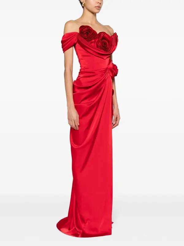 ANA RADU Floral-appliqué Draped Gown - Red