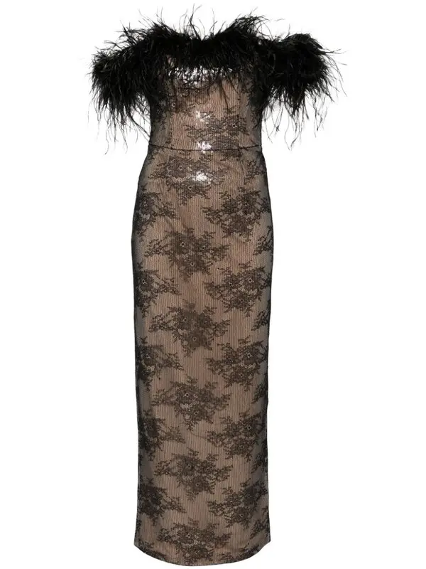 NISSA Lace-overlay Feather-trim Gown