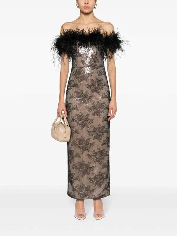 NISSA Lace-overlay Feather-trim Gown