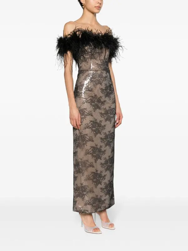 NISSA Lace-overlay Feather-trim Gown
