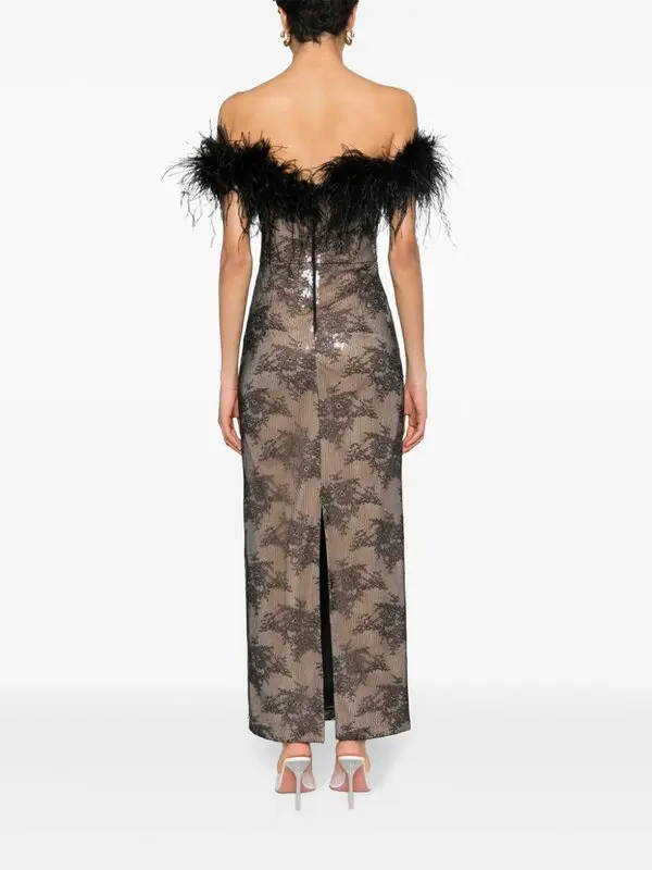 NISSA Lace-overlay Feather-trim Gown
