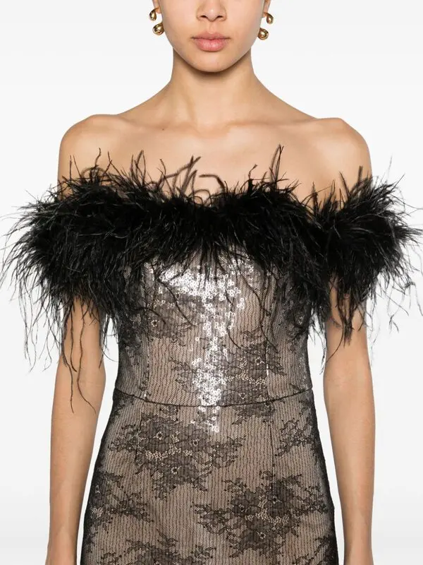 NISSA Lace-overlay Feather-trim Gown