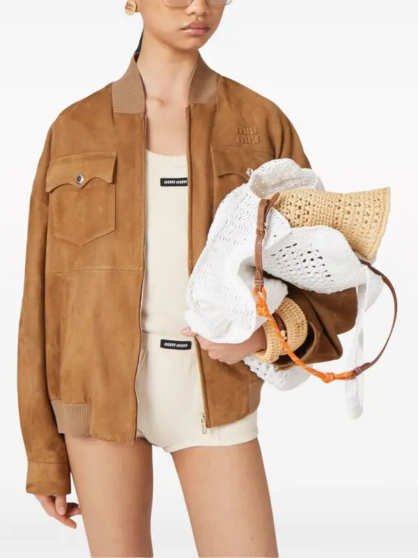 Miu Miu Logo-Lettering Suede Jacket - Brown | Editorialist