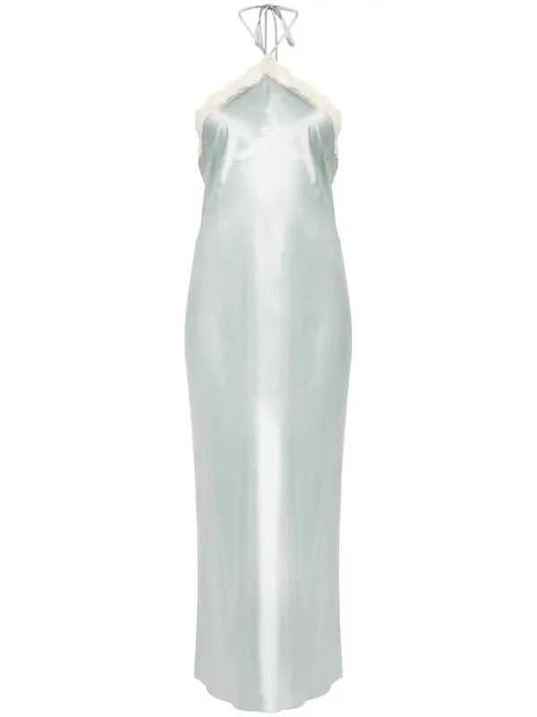 REFORMATION Aara Silk Charmeuse Halterneck Maxi Dress With Lace Trim - Blue