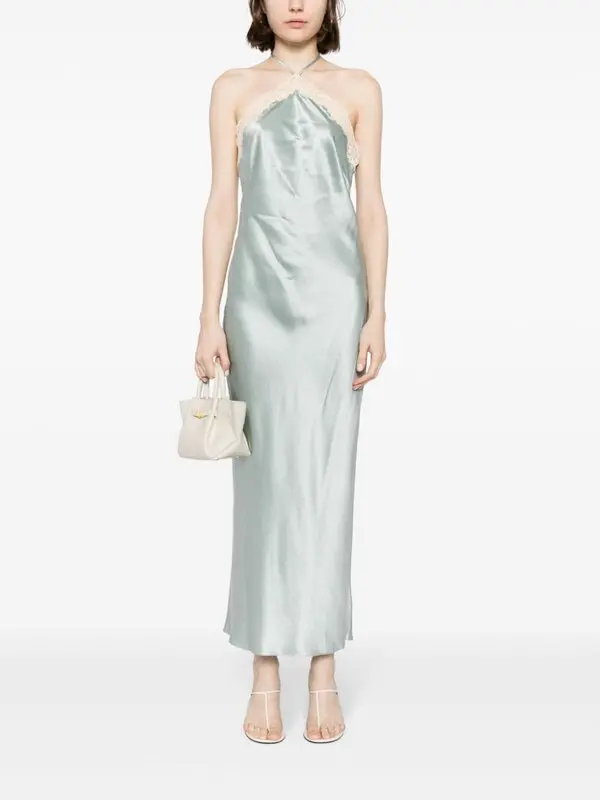 REFORMATION Aara Silk Charmeuse Halterneck Maxi Dress With Lace Trim - Blue  | Editorialist