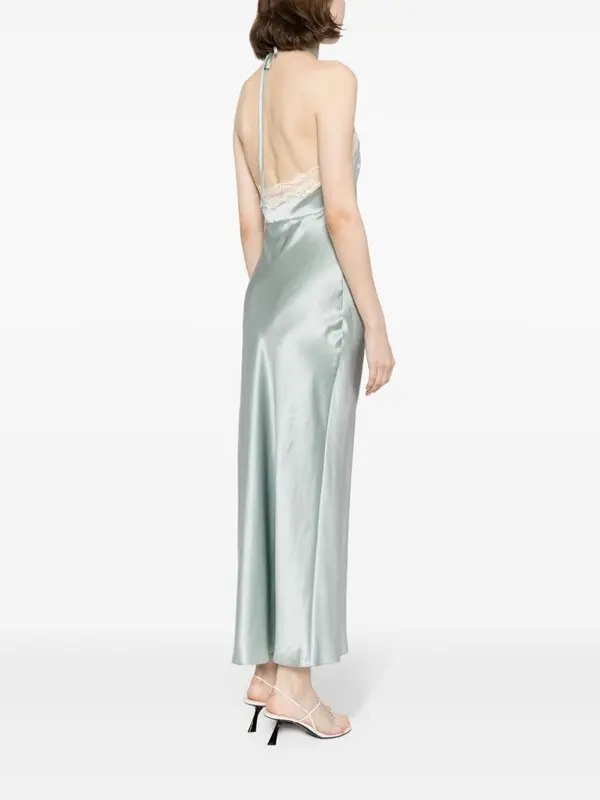 REFORMATION Aara Silk Charmeuse Halterneck Maxi Dress With Lace Trim - Blue  | Editorialist