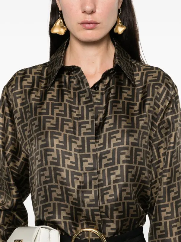 Fendi Ff-Logo Print Silk Shirt - Brown | Editorialist
