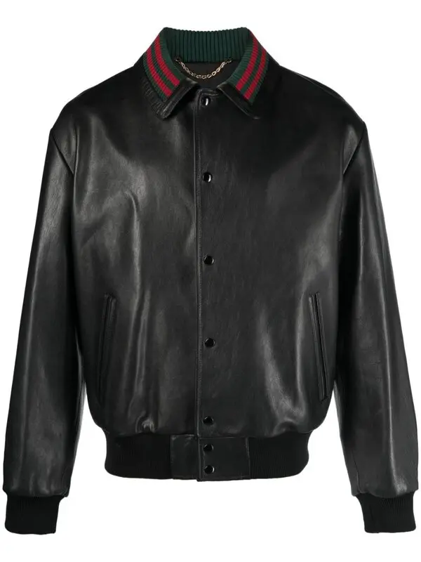 Gucci Web-Collar Leather Bomber Jacket - Black | Editorialist