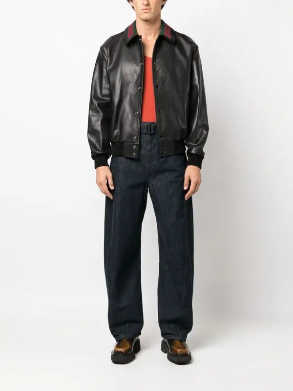 Gucci Web-Collar Leather Bomber Jacket - Black | Editorialist