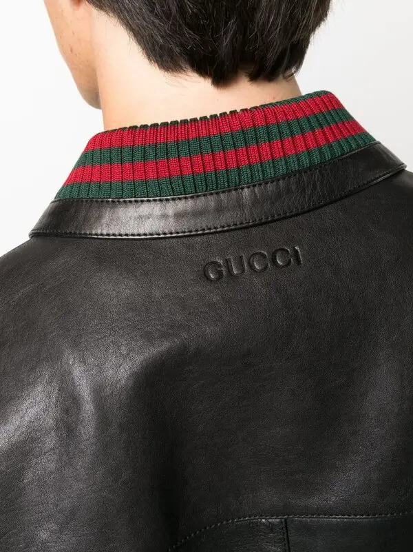 Gucci Web-Collar Leather Bomber Jacket - Black | Editorialist