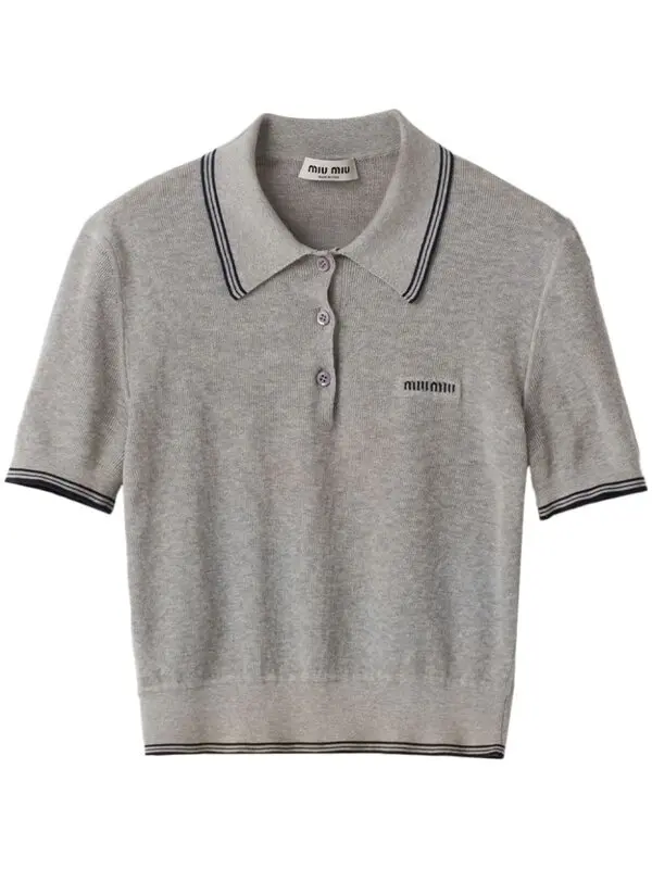 Miu Miu Stripe Detail Cropped Polo Top - Grey
