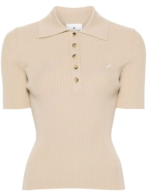 COURREGES Logo-patch Ribbed Polo Top - Neutrals