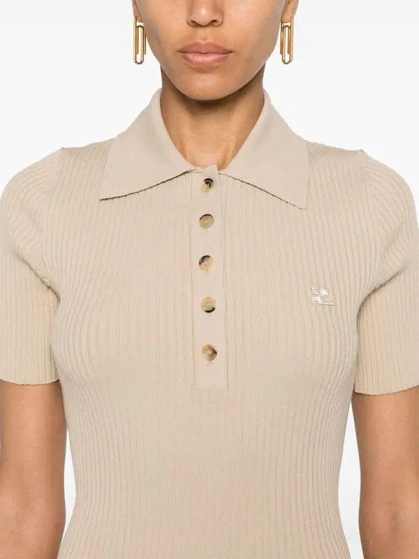 COURREGES Logo-patch Ribbed Polo Top - Neutrals