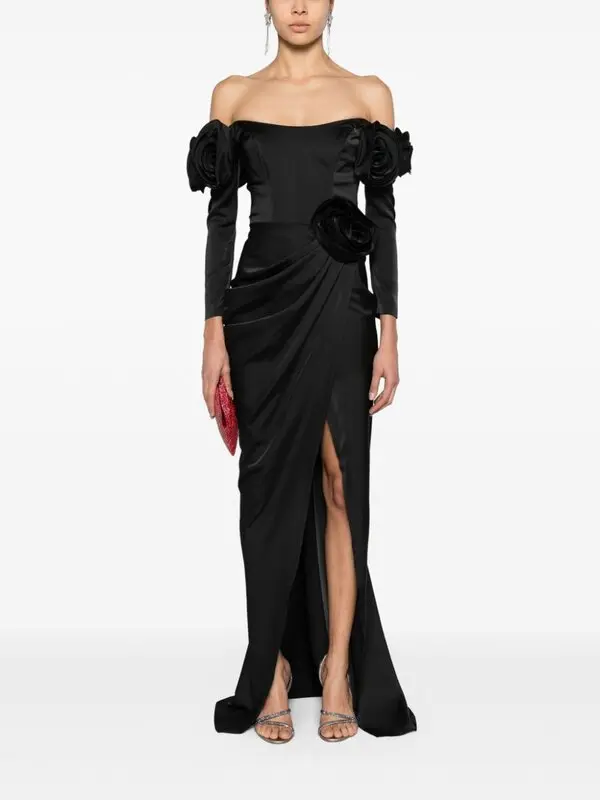 ANA RADU Floral-appliqué Satin Gown - Black