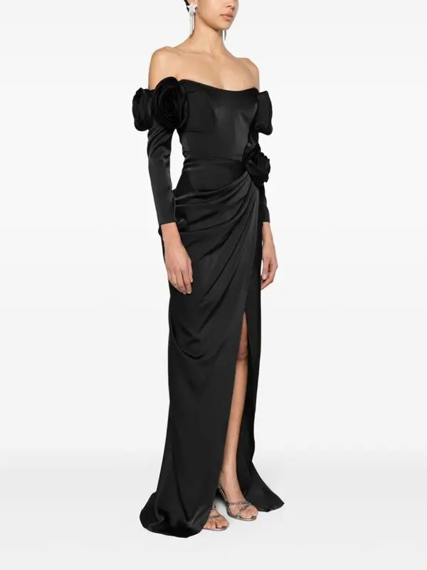 ANA RADU Floral-appliqué Satin Gown - Black