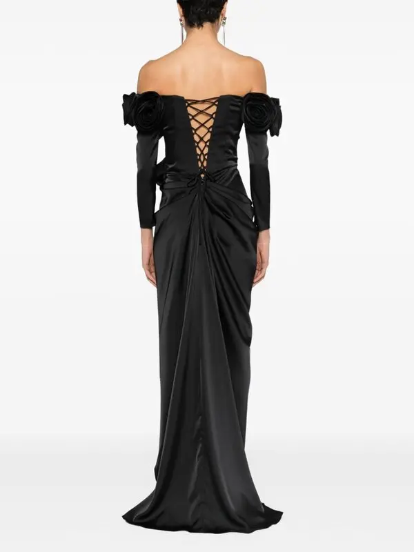 ANA RADU Floral-appliqué Satin Gown - Black