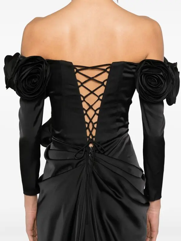 ANA RADU Floral-appliqué Satin Gown - Black