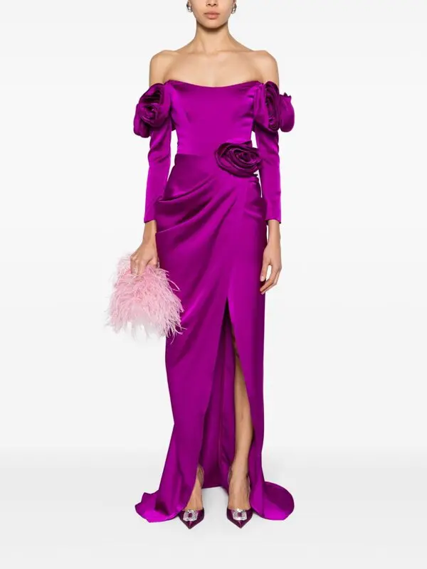 ANA RADU Floral-appliqué Satin Gown - Purple