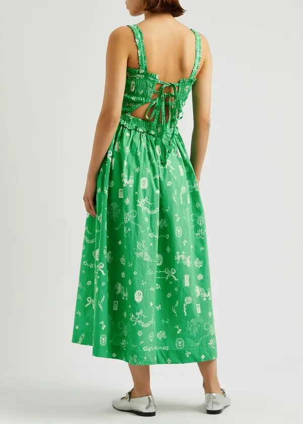 Damson Madder Printed Cotton Midi Dress In Green - 50% Off | Editorialist