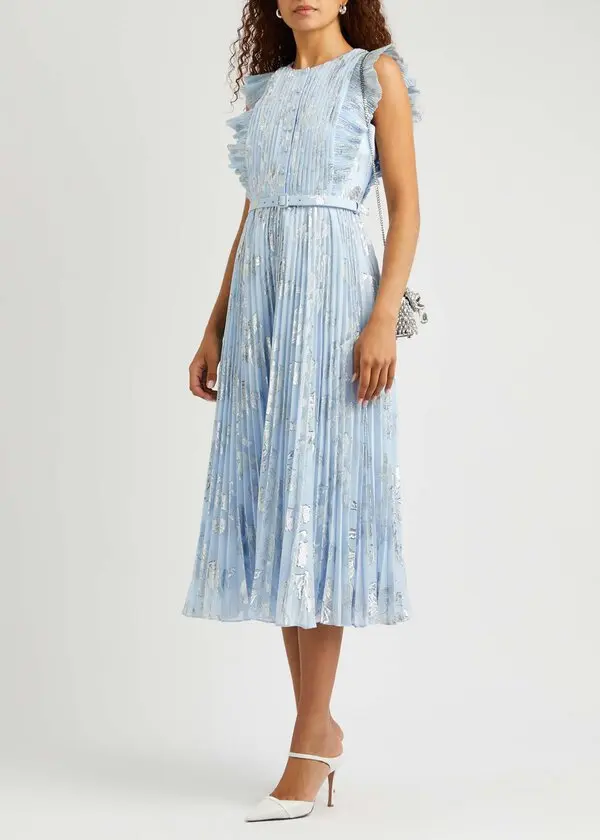 sachin and babi light blue dress Self-portrait Cutout Pleated Floral-print Chiffon Midi Dress In Red
