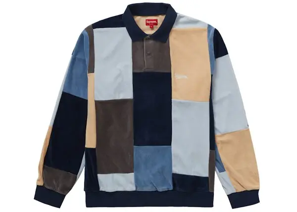 Supreme Patchwork Velour Long Sleeve Polo Shirt - Navy Blue