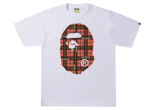 A BATHING APE Logo Check Big Ape Head Tee Shirt - White/red