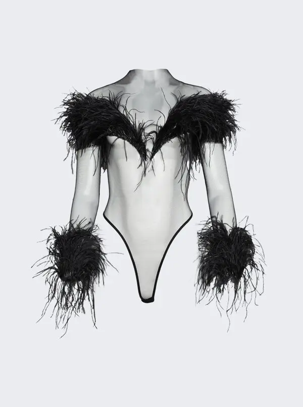 MUGLER Feather Embellished Bodysuit - Black