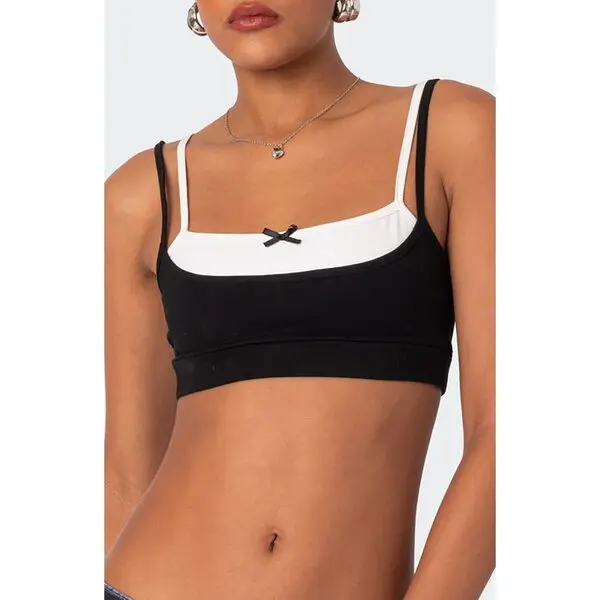 EDIKTED Gracie Layered Stretch Cotton Bra Top - Black-and-white
