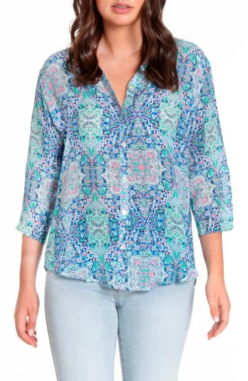 APNY Print Mandarin Collar Chiffon Button-up Top - Blue Multi